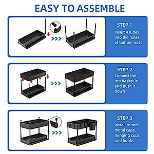 Under Sink Organizers and Storage 2 Pack, 2 Tier Under Cabinet Organizer, Bathroom Counter Organizer, Multi-purpose Kitchen Bathroom Sink Storage with Sliding Storage Drawer, 8 Hooks, 2 Cups