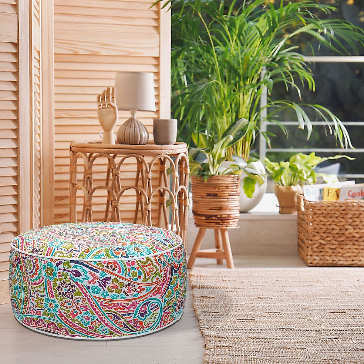 FUNHOME Inflatable Stool Ottoman Footrest with Handle, All Weather Footrest Seat with Foot Pump D20 xH9, Water Repellent Footstool Pouf for Home Patio Garden and Camping Use-Melora Paisley