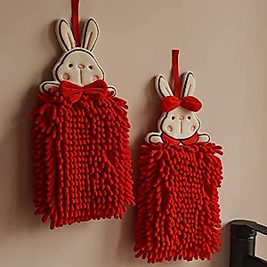 NUFR 2 Pack Cute Rabbit Red Chenille Hanging Hand Towel with Loop for Kitchen Bathroom, Absorbent Small Hand Drying Cloth