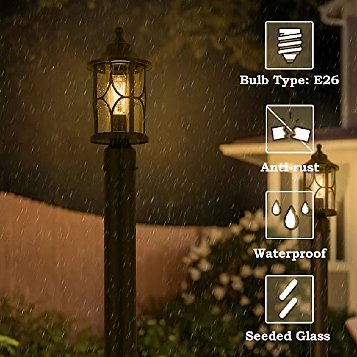 zeyu Outdoor Post Lights Set of 2, Farmhouse Waterproof Lamp Post Light Fixtures for Patio 2 Pack, Black Finish with Seeded Glass Shade, ZX48P-2PK BK