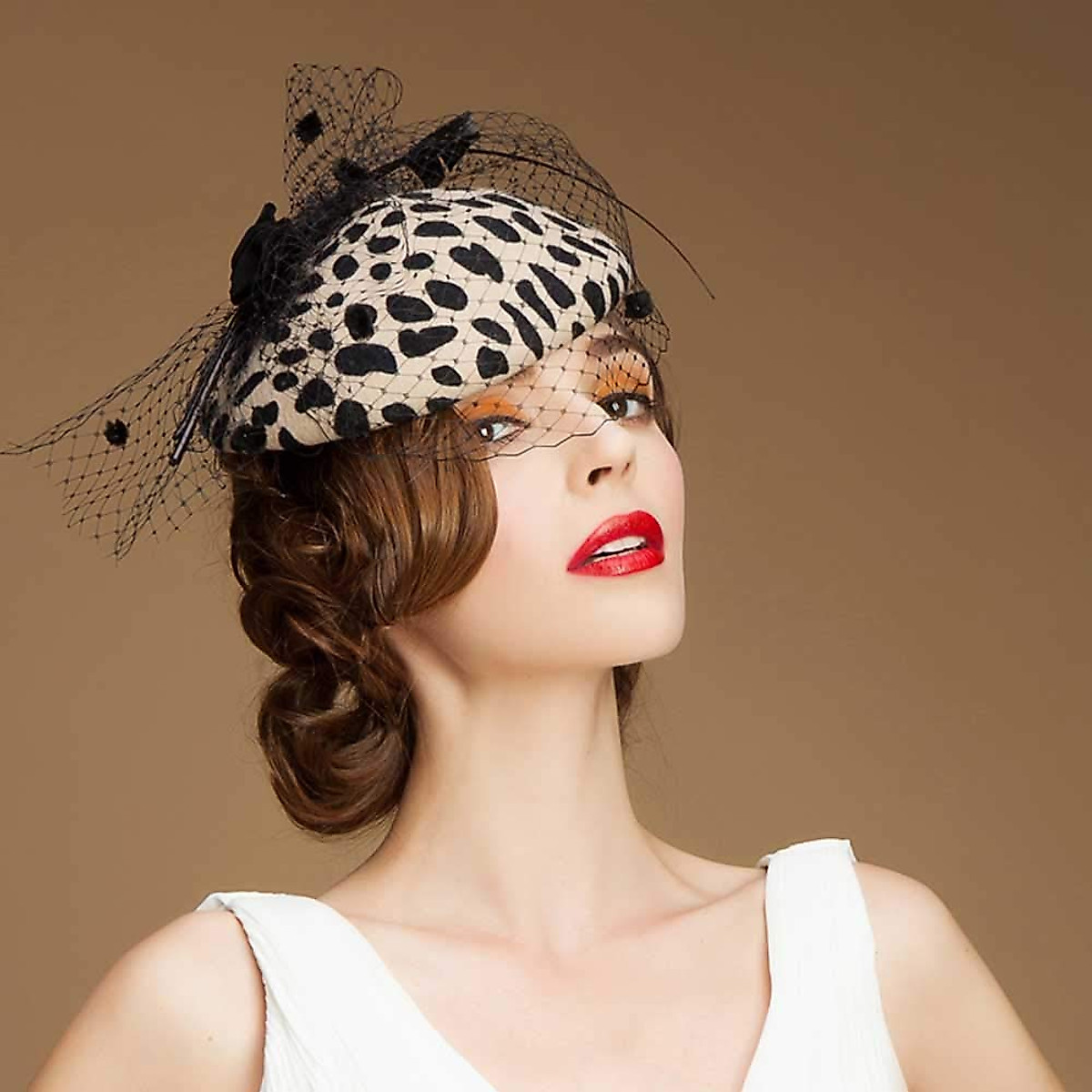 F FADVES 100% Australian Wool Pillbox Hat Black Veil Fedora Lepoard Print Fascinator