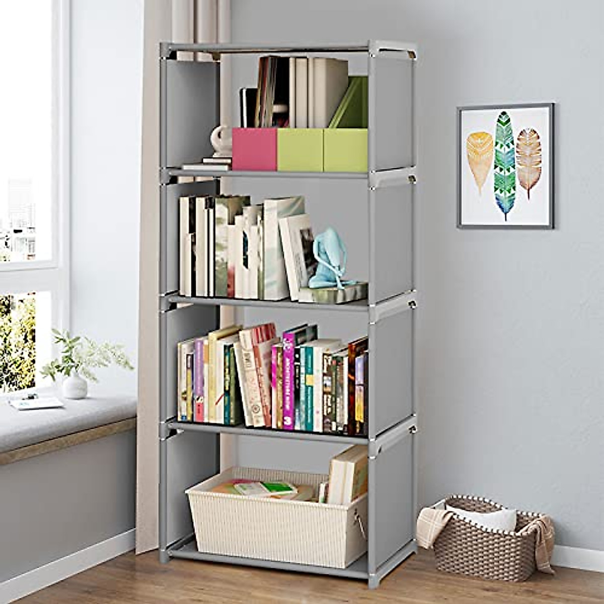 Jstcmadby Freestanding Bookshelf 4 Layers Open Bookshelf Assembled Fabric Bookshelf Storage Wall Shelf for Home Office Kitchen Storage