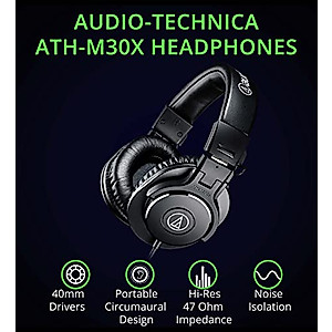 Audio-Technica ATH-M30x Professional Studio Monitor Headphones for Studio Tracking and Mixing (Black) Bundle with Blucoil 4-Channel Headphone Amplifier, and 6-FT Headphone Extension Cable (3.5mm)