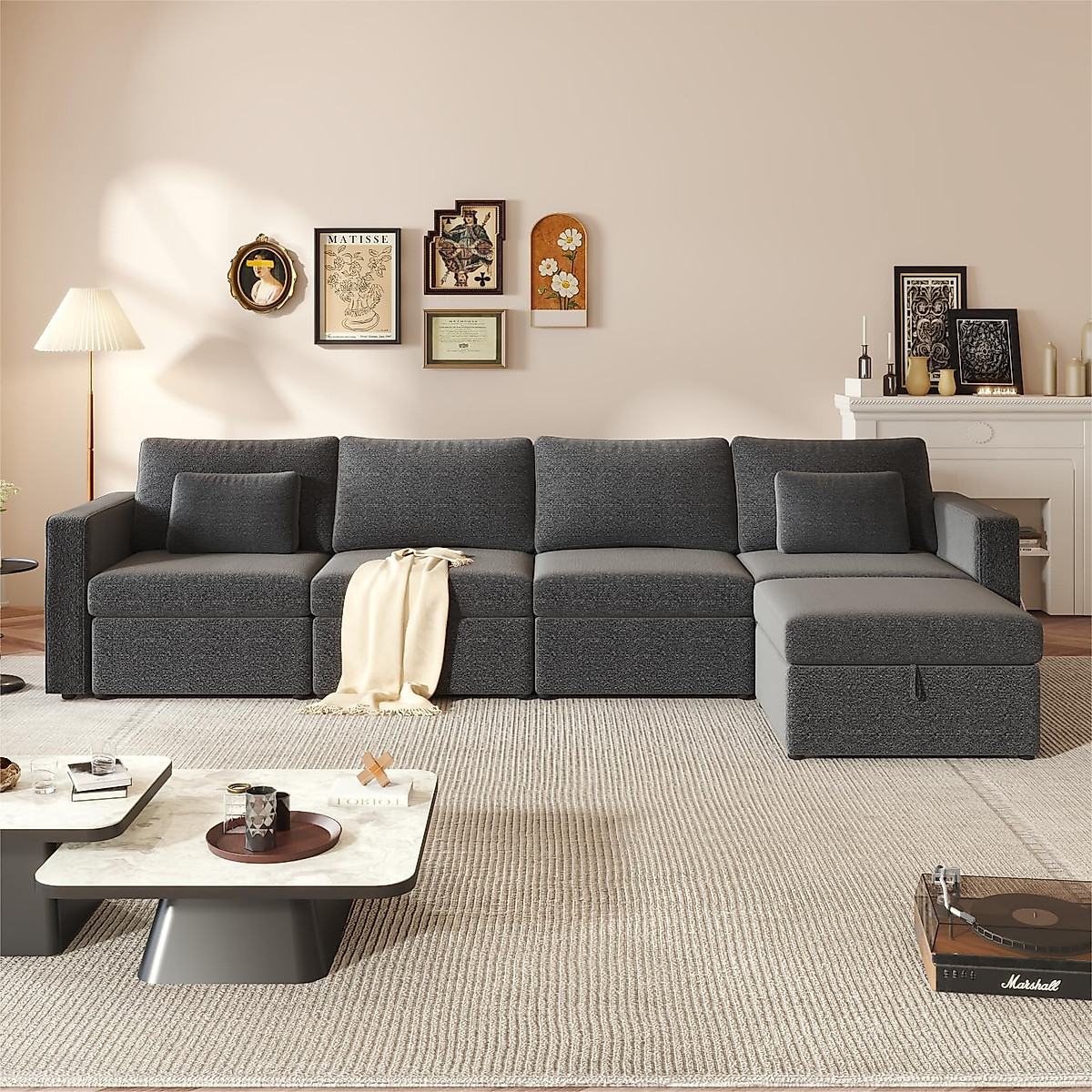 RENDGO Oversized Modular Sectional Sofa Convertible Linen Fabric Couch Set, L Shaped Couch with Reversible Chaise, 130 inch Width,5 Seat Modular Sofa with Storage Ottomans, Dark Grey