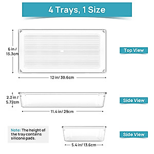 Vtopmart Kitchen Drawer Organizer for Large Utensils, 4 Pack 12" x 6" Plastic Silverware Organizer Trays for Cutlery, Flatware, Knife Storage, Versatile Vanity Makeup, Bathroom Drawer Storage Bins
