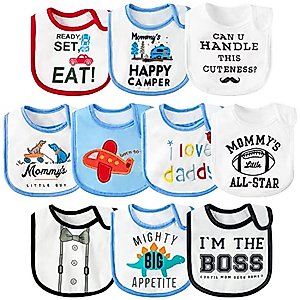 BWkoss 10Pcs Waterproof Baby Bibs Unisex Newborn Babies Food Bibs Baby Keepsake Birthday Gift for Drooling Feeding Eating Teething, 6-12 Months