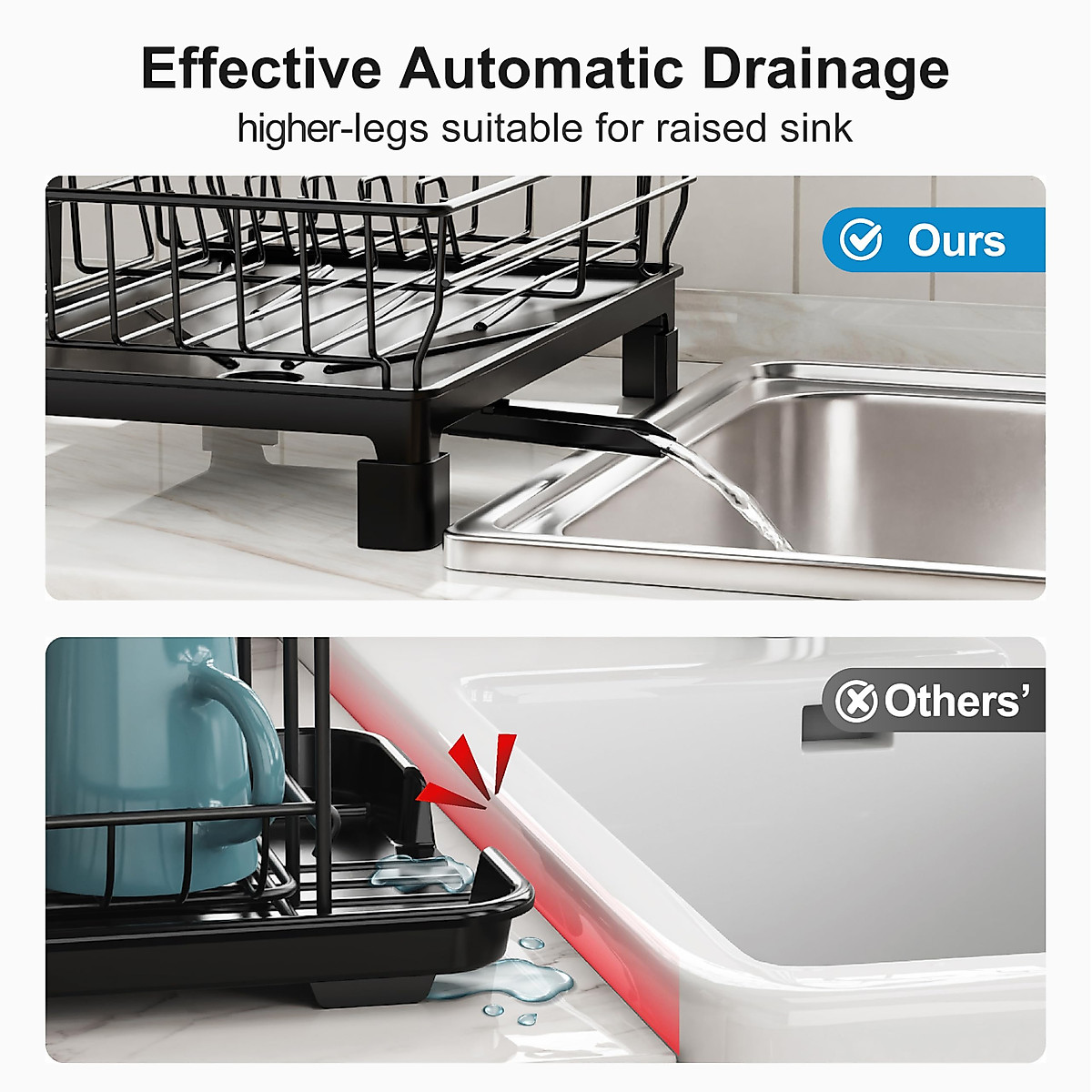 GSlife Dish Drying Rack, Small Dish Rack with Tray Compact Dish Drainer for Kitchen Counter Cabinet, Black