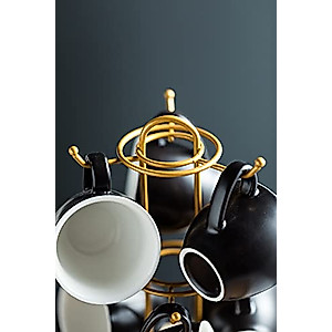 YHOSSEUN 3 Ounces Espresso Cups with Saucers Set, Porcelain Latte Cups and Metal Stand Demitasse Cups for Espresso, Latte, Cafe Mocha, Cappuccino and Tea, Set of 6, Black