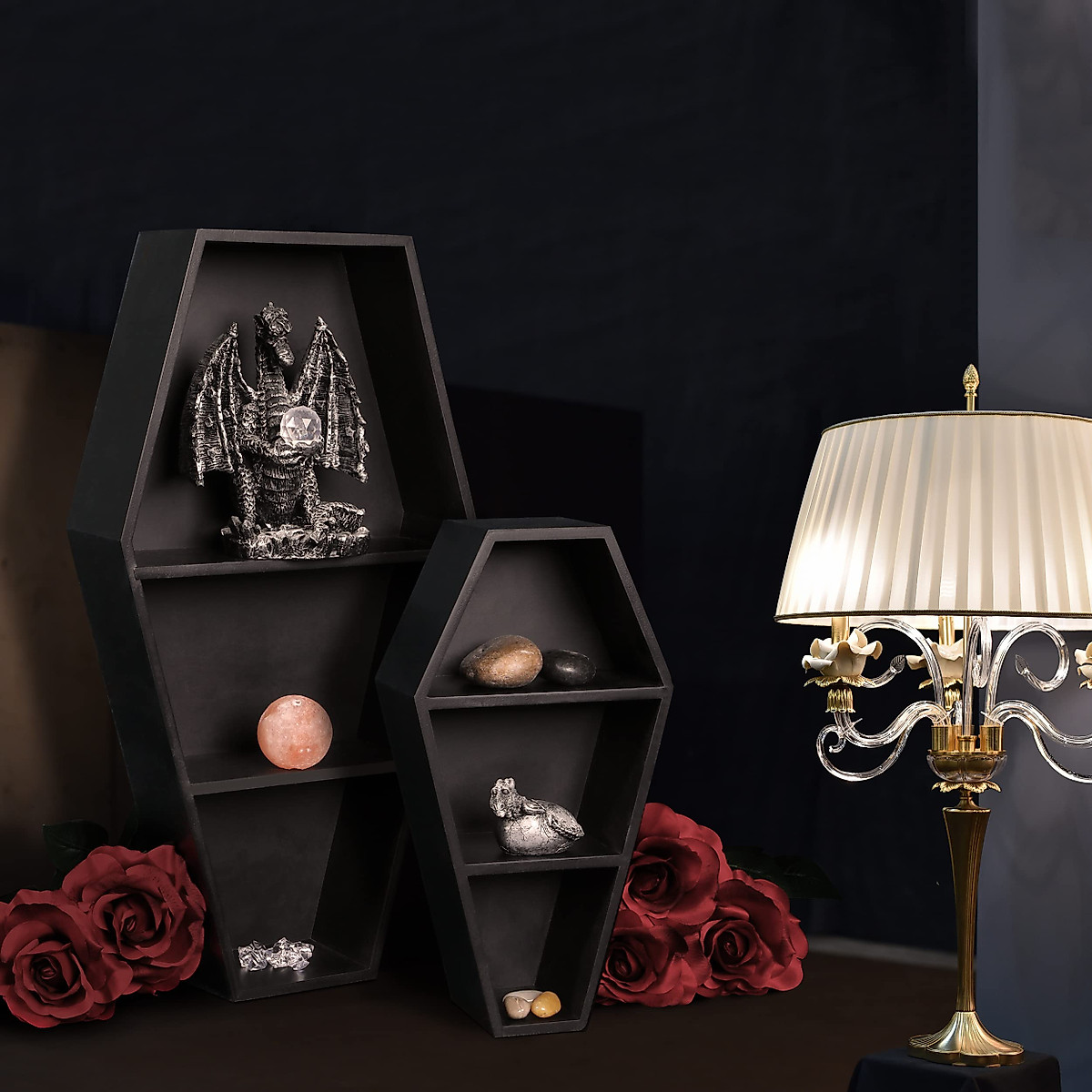 MANNY'S MYSTERIOUS ODDITIES Coffin Bookshelf - Includes Removable Shelves - Small and Large Coffin Shelf 20 Inch and 14 Inch - Gothic Decor for Home