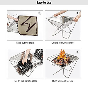 Lineslife 17'' Portable Outdoor Fire Pit for Camping, Folding Heavy Duty Stainless Steel Firepit, Foldable Wood Burning Fire Pit with Carrying Bag for Outdoor Backyard Patio, Beach Parties, Garden