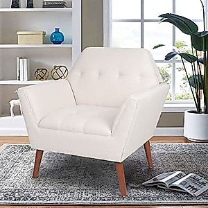 LEVNARY Modern Accent Chair, Comfy Upholstered Button Tufted Armchair with Wood Legs, Mid-Century Upholstered Single Sofa Chair for Reading Room Living Room (Beige)