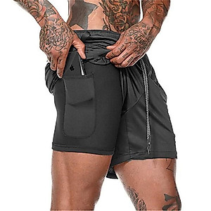 Akk Men's 2 in 1 Running Workout Training Yoga Gym Sport Zipper Phone Pockets Shorts, Black, Medium
