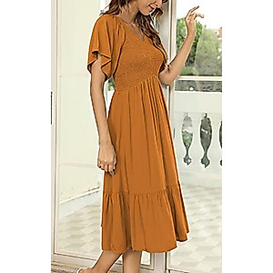 Kranda Women Short Flutter Sleeve V Neck Smocked Solid Pleat Midi Dress Pumkin Spice M
