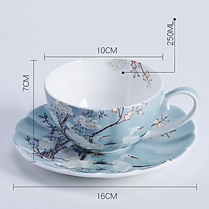 ufengke 8oz Blue Fine Bone China Coffee Cup with Saucer, White Flowers, White Crane Porcelain Tea Cup and Saucer