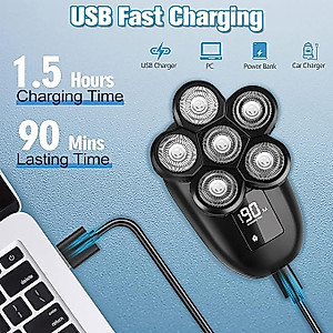 Electric Head Shaver for Bald Men, 6 in 1 Mens Electric Head Razor Bald Head Shaver Cordless Electric Razor Men, IPX7 Wet/Dry Waterproof Men's Rotary with Head Shavers Kit LED Display Silver