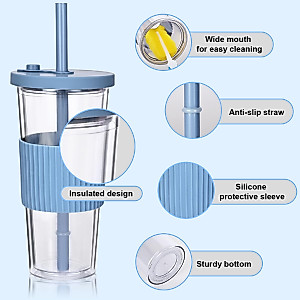 AiDrink 24 OZ Plastic Tumbler with Lid and Wide Straw Reusable Boba Cup Iced Coffee Iced Tea Smoothie to Go Cup Clear Insulated Double Wall Tumbler Leak-Proof Travel Mug for Adults (Purple)