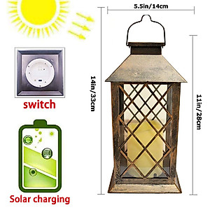 Solar Lantern Lights Hanging Lanterns Outdoor， PVC Waterproof LED Flickering Flameless Candle Decorative Solar Lantern, for Patio Courtyard Garden (2 Pack)