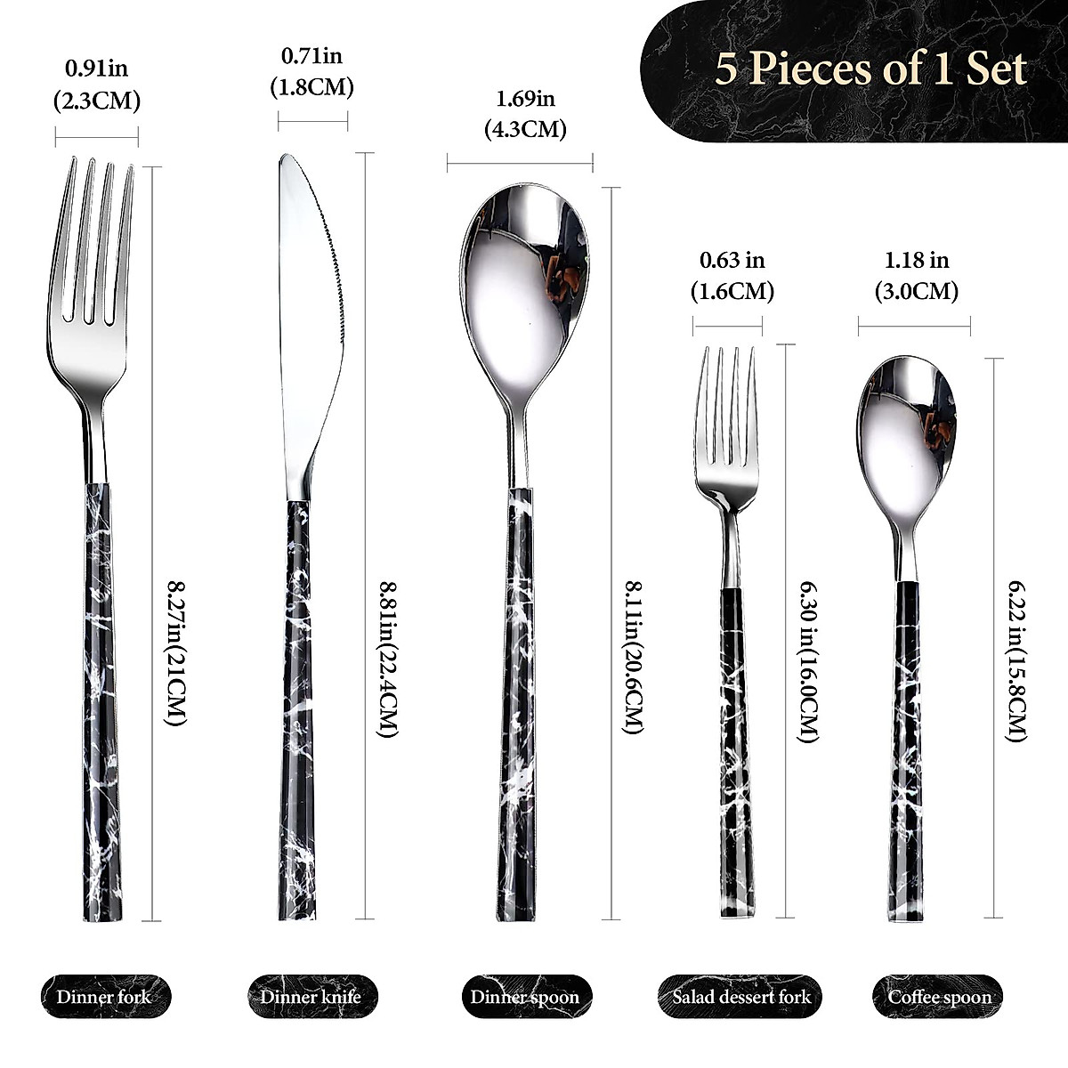 20 Pieces Stainless Steel Silverware Set of 4,LjLi Flatware Tableware Cutlery Modern Black Marble Eating Utensils Mirror Polished for Home/Restaurant - Include Spoons,Forks,Knifes, Dishwasher Safe.