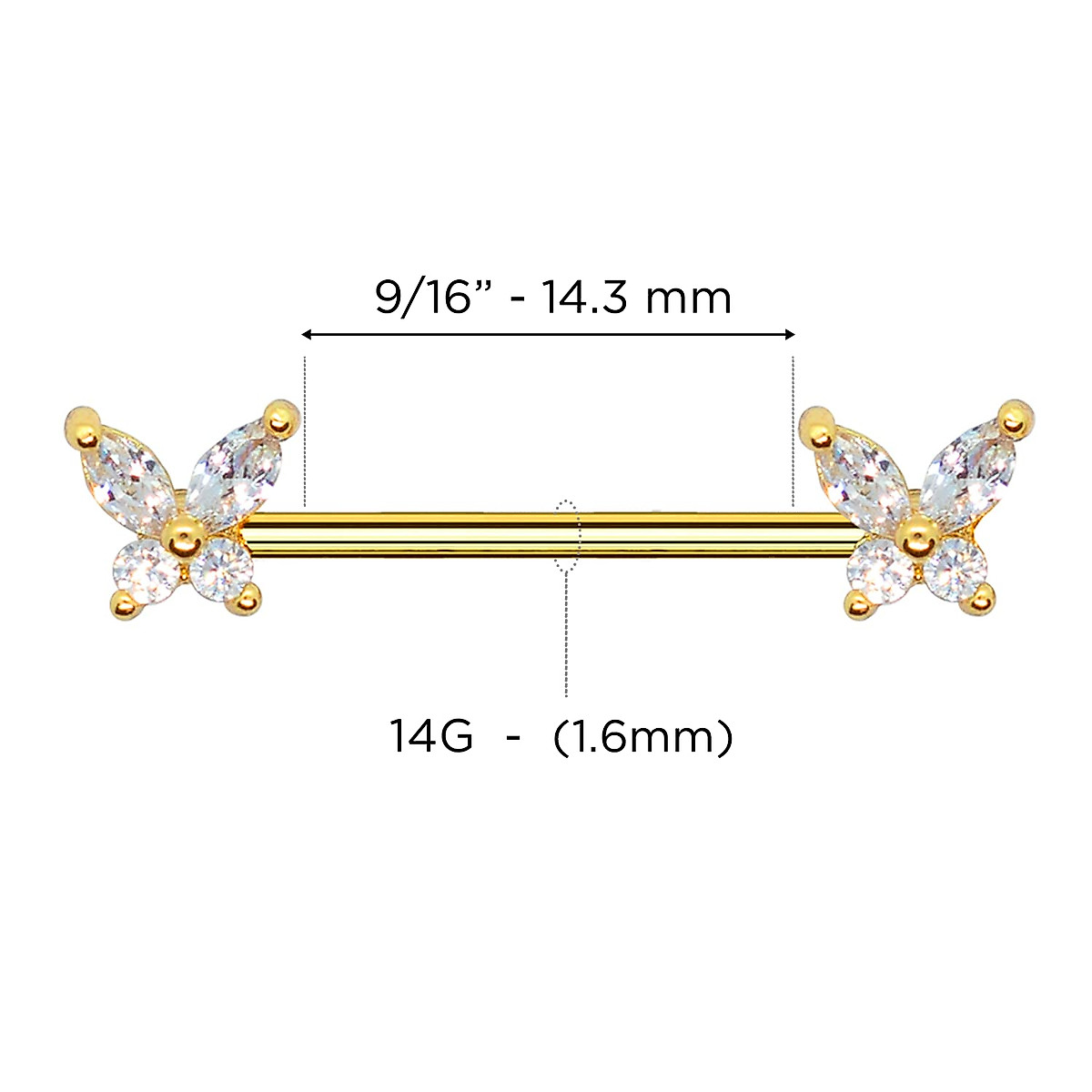 Pierce2GO Pair of Anodized Gold 316L 14G Butterfly Nipple Rings with CZ Stones Piercing Women - 9/16" Barbell