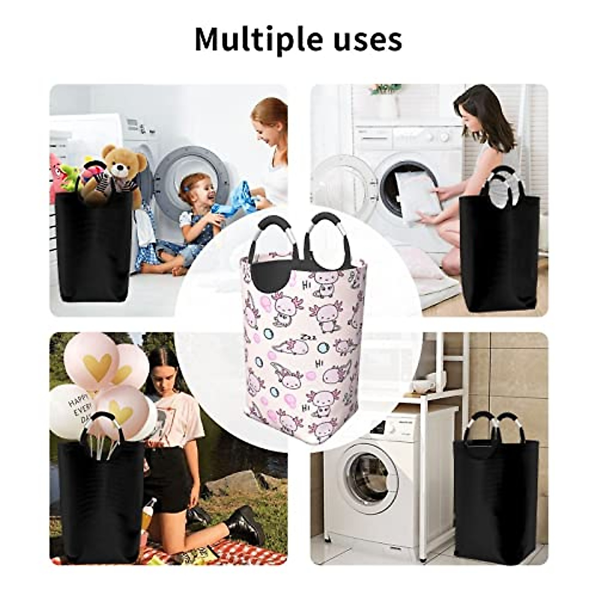 Folding Laundry Basket Cute Axolotls Portable Washing Bin Waterproof Collapsible Laundry Bag 50L Large Clothes Storage Hamper with Handle for Bathroom Bedroom