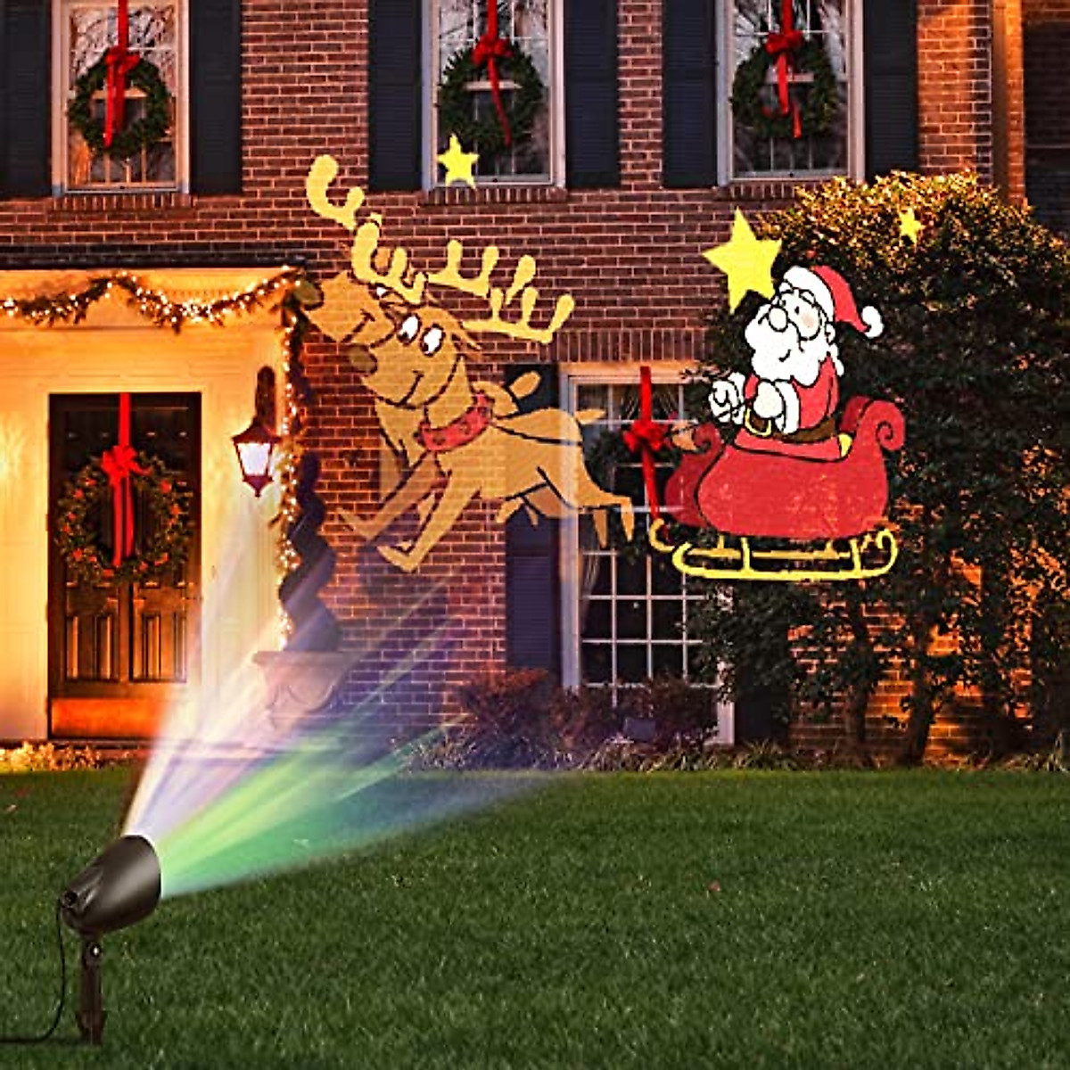 Goplus Christmas Projector Lights, Outdoor LED Santa Claus on Sleigh Projection Lamp with 65° Adjustable Angle, Lawn Stake, Water Proof Landscape Decorative Lighting for Christmas Holiday Party Garden