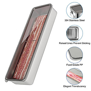 Yeasing Bacon Container Stainless Steel Airtight Cheese Container Bacon Containers for Refrigerator Food Storage Containers with Lids Deli Meat Saver Bacon Holder 10.5 Inches Long