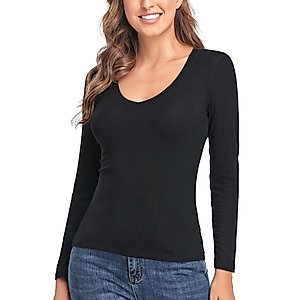 CARCOS Women's Casual Tops Sexy V Neck Long Sleeve Pullover Underwear Tee Slim Fit Basic Shirts Black XL