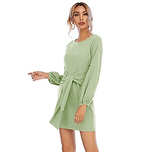 R.Vivimos Women's Autumn Winter Cotton Long Sleeves Elegant Knitted Bodycon Tie Waist Sweater Pencil Dress (XL, Light Green)