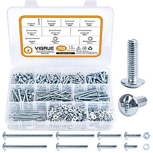 VIGRUE 705PCS #8-32x1/2 to #8-32x2 Machine Screws 8/32 Knob/Pull Screws Bolt Nut Flat Washers Zinc-Plated Steel Phillips Machine Screws Assortment Kit, Cabinet Door and Drawer Screws