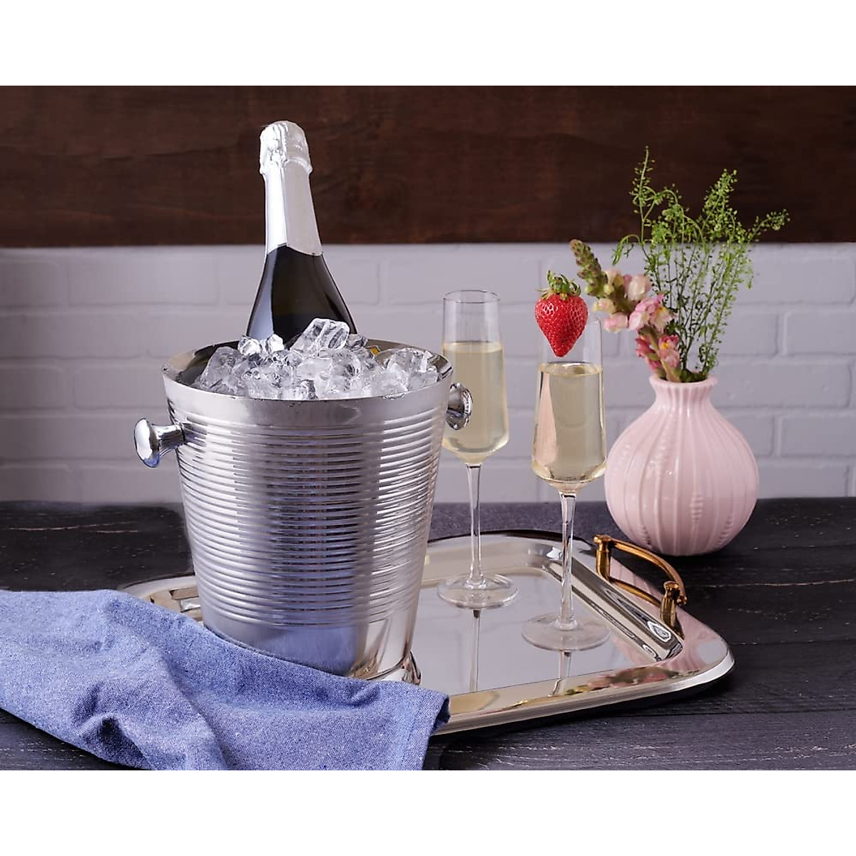 Sol Living Champagne Bucket - Double Wall Insulated Stainless Steel - Wine & Champagne Holder - Portable Chiller Bin for Bars, Parties, Commercial Use - Ribbed, 3.6 Qt