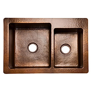 Premier Copper Products K60DB33229 33-Inch Hammered Copper Kitchen 60/40 Double Basin Sink, Oil Rubbed Bronze