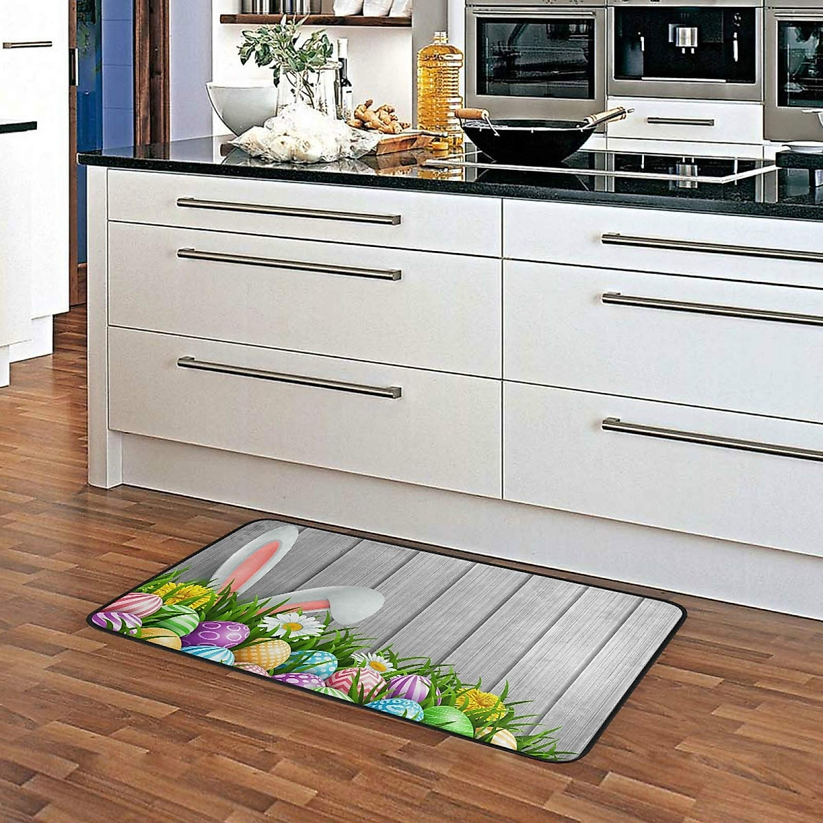 Kitchen Rugs Runner Easter Bunny Ears Flowers Wood Doormat Bath Rugs Non Slip Area Rugs for Bathroom Kitchen Indoor 39" X 20"
