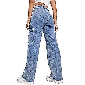 SweatyRocks Women's High Waist Cargo Jeans Flap Pocket Wide Leg Denim Pants Blue L