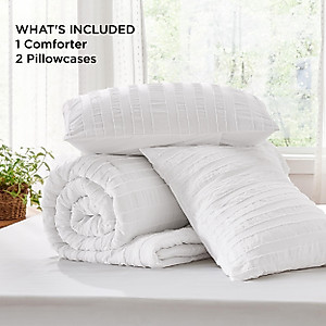 Bedsure Boho Comforter Set Queen - Bright White Tufted Bed Set, 3 Pieces Farmhouse Shabby Chic Embroidery Bedding, Striped Pattern Comforter for All Seasons