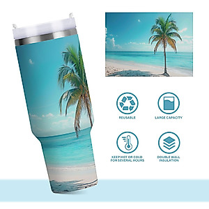Qilmy 30 oz Beautiful Palm Tree Tumbler with Handle and Straw Lid for Water Iced Tea or Coffee, Stainless Steel Insulated Leak-proof Travel Coffee Mug Cup Gifts