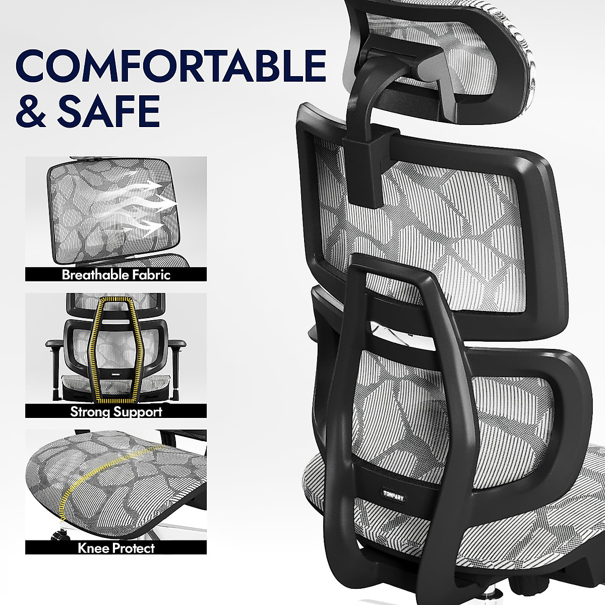 TONFARY Office Chair Ergonomic Desk Chair, All-Mesh High Back Home Office Chair Lumbar Support, Reclining Gaming Chair Adjustable Armrests Headrest, Big and Tall Swivel Computer Chair 330LBS (Grey)