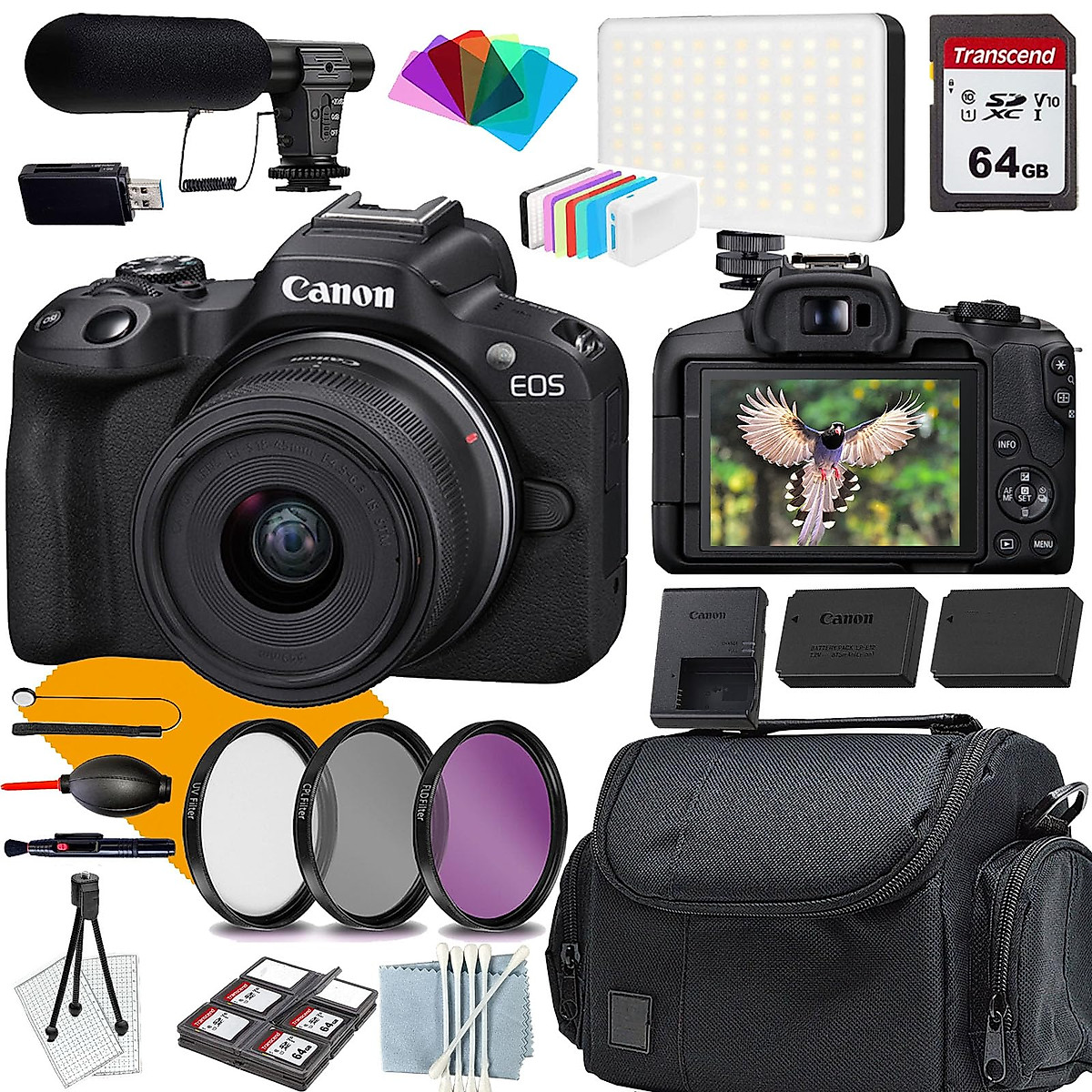Canon EOS R50 Camera with Canon RF-S 18-45mm Lens + Commander Starter Kit + Lens Filters + CASE + 64GB Memory Card+Extra Battery (18PC Bundle)(Black) (Renewed)
