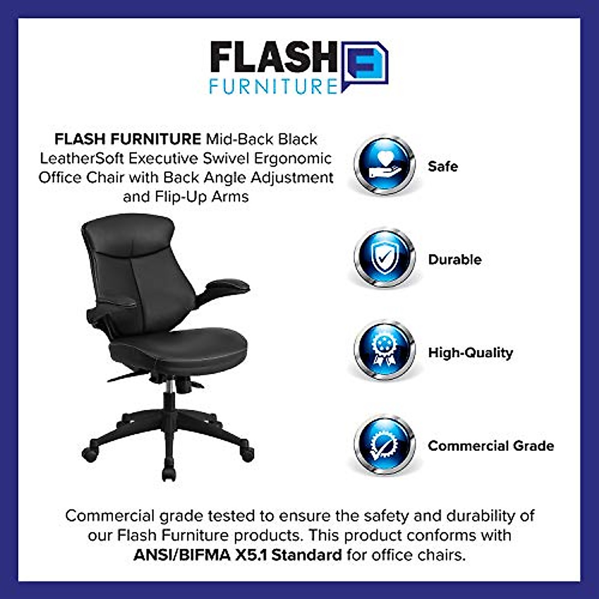 Flash Furniture Kale Mid-Back Black LeatherSoft Executive Swivel Ergonomic Office Chair with Back Angle Adjustment and Flip-Up Arms