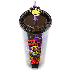 Silver Buffalo Five Nights at Freddy's I Survived Plastic Cold Cup with Lid and Topper Straw, 24 Ounces