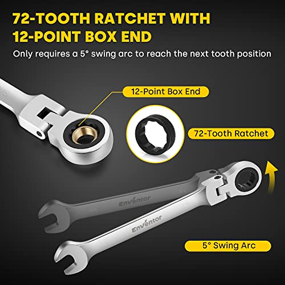 Enventor 180° Flex Head Ratcheting Wrench Set, 12 Pieces SAE 1/4-7/8", CRV Steel, 72-Teeth, 12-Point Combination Ratchet Wrenches Set with Rolling Pouch