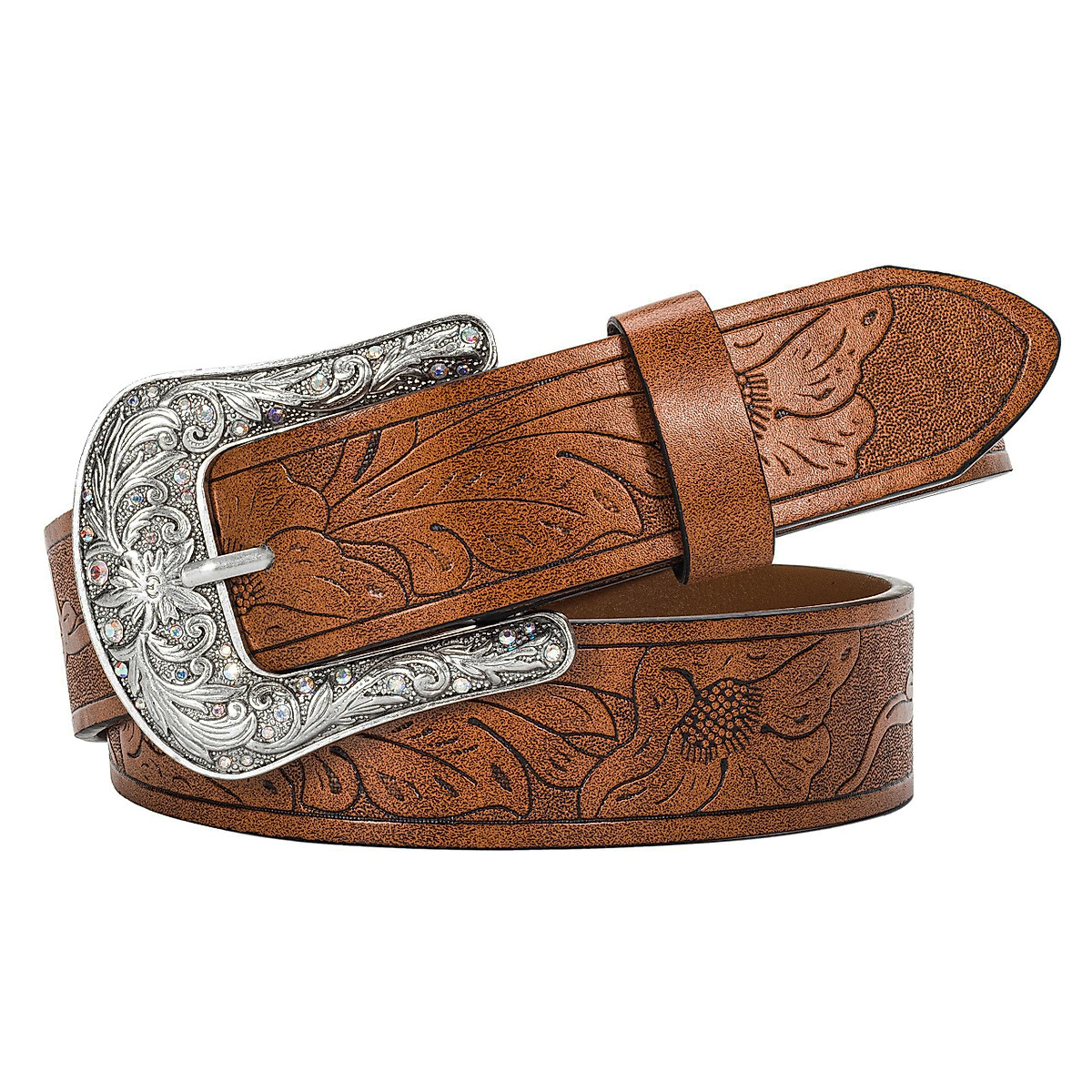 XuoAz Women Vintage-Western PU Leather Rhinestone-Buckle-Belt Cowgirl Bling-Diamond Country Waist Belts(for 33" to 38" Waist)