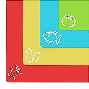 Extra Thick Flexible Plastic Cutting Board Mats With Food Icons & "EZ-Grip" Waffle Back, (Set of 4) - Chopping Board Set - Textured Waffle Grip Bottom Prevents Slipping On Most Counter Tops
