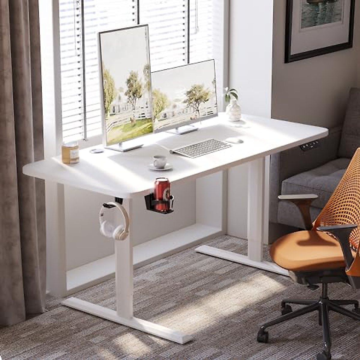 JUMMICO Standing Desk Electric Adjustable Desk Large 55 x 24 Sit Stand Up Desk Home Office Computer Desk Memory Preset with T-Shaped Metal Bracket and Holes for Routing Cables, White