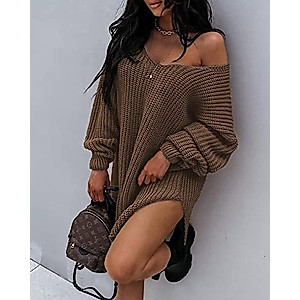 NOLLSOM Women Casual Long Sleeve Relaxed Fit Long Pullover Off Shoulder Solid Ribbed Knit Sweater Jumper Fall Winter(Solid Brown,Large)