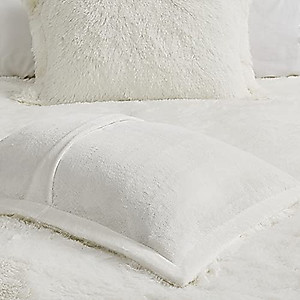 Intelligent Design Malea Shaggy Duvet with Quilted Box Design, Long Faux Fur Comforter Cover Cozy Bedding Set, Matching Shams, (Insert Not Included) Full/Queen, Ivory 3 Piece, 90x90