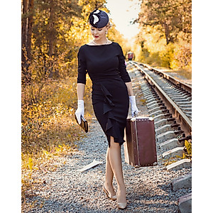 AISIZE Women's Retro 3/4 Sleeve Ruched Elegant Business Pencil Sheath Dress Black