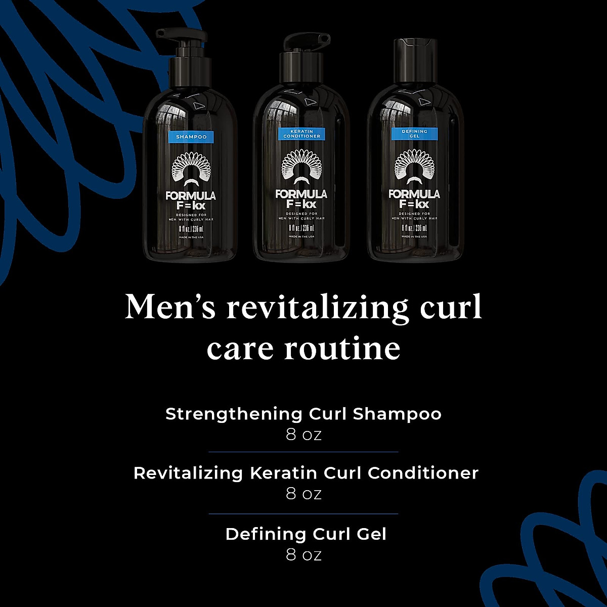 Formula F=kx Curly Hair System for Men - 3-Step Fine & Wavy Hair Care - Shampoo, Conditioner, Curl Defining Gel - Sulfate Free, Ocean Scent - 8oz Each