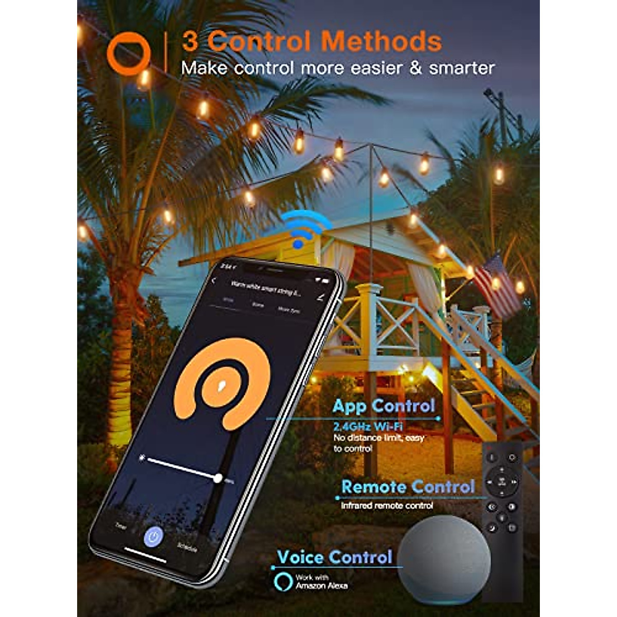 addlon 48FT Smart Outdoor String Lights with APP & Remote Control, Works with Alexa, Music Sync Waterproof Patio Lights with Dimmable Edison Shatterproof Bulbs, Extendable for Patio, Porch