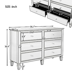 SOFTSEA Modern 6 Drawer Mirrored Dresser, Glass Dresser & Chest of Drawers for Bedroom, Silver Finished Storage Cabinet with Crystal Knobs, Easy Assembly