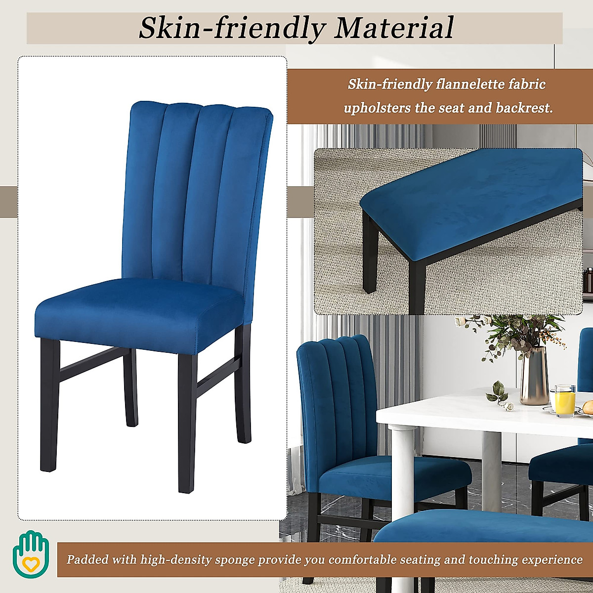 Voohek, White+Blue 6-Piece Rectangular Dining Table Set with Marble Veneer Rounded Corner Tabletop, 4 Flannelette Fabric Upholstered Chairs and 1 Bench, Solid Wood Kitchen Furniture for Family